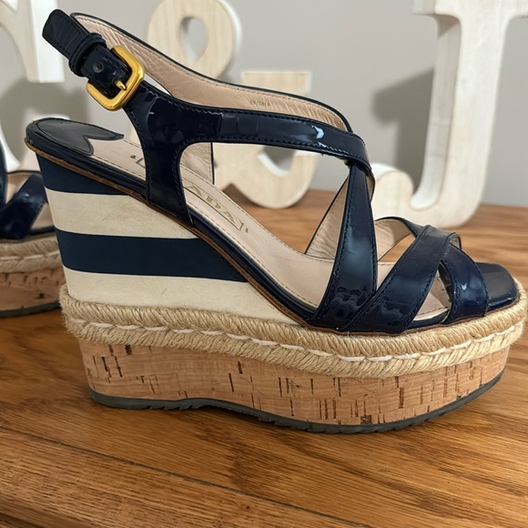 Prada | Shoes | Prada Royal Blue Patent Leather Wedge Sandal Shoes ...